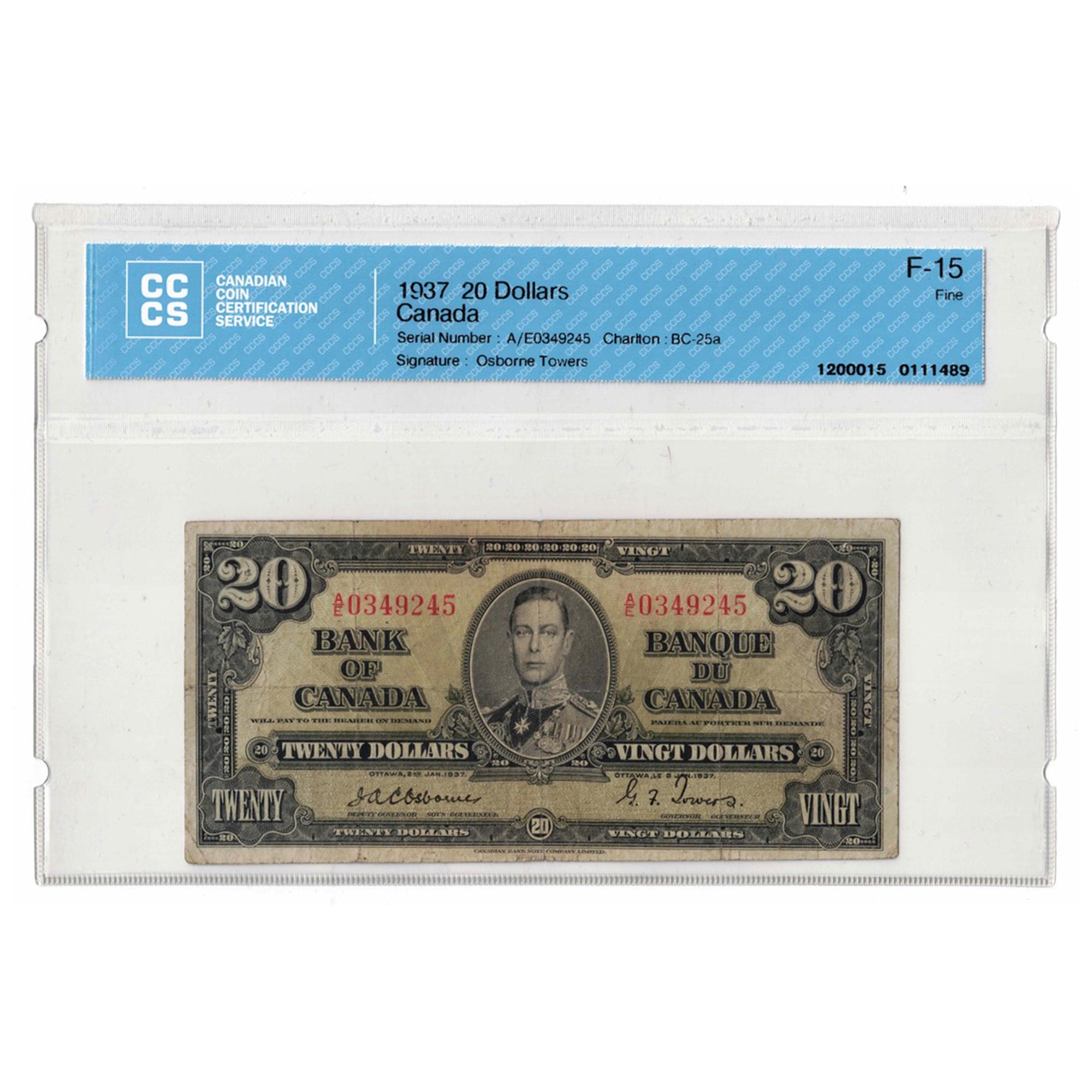 SOLD 1937 $20 Bank of Canada Note Osborne Signature BC-25a - CCCS F-15 ...