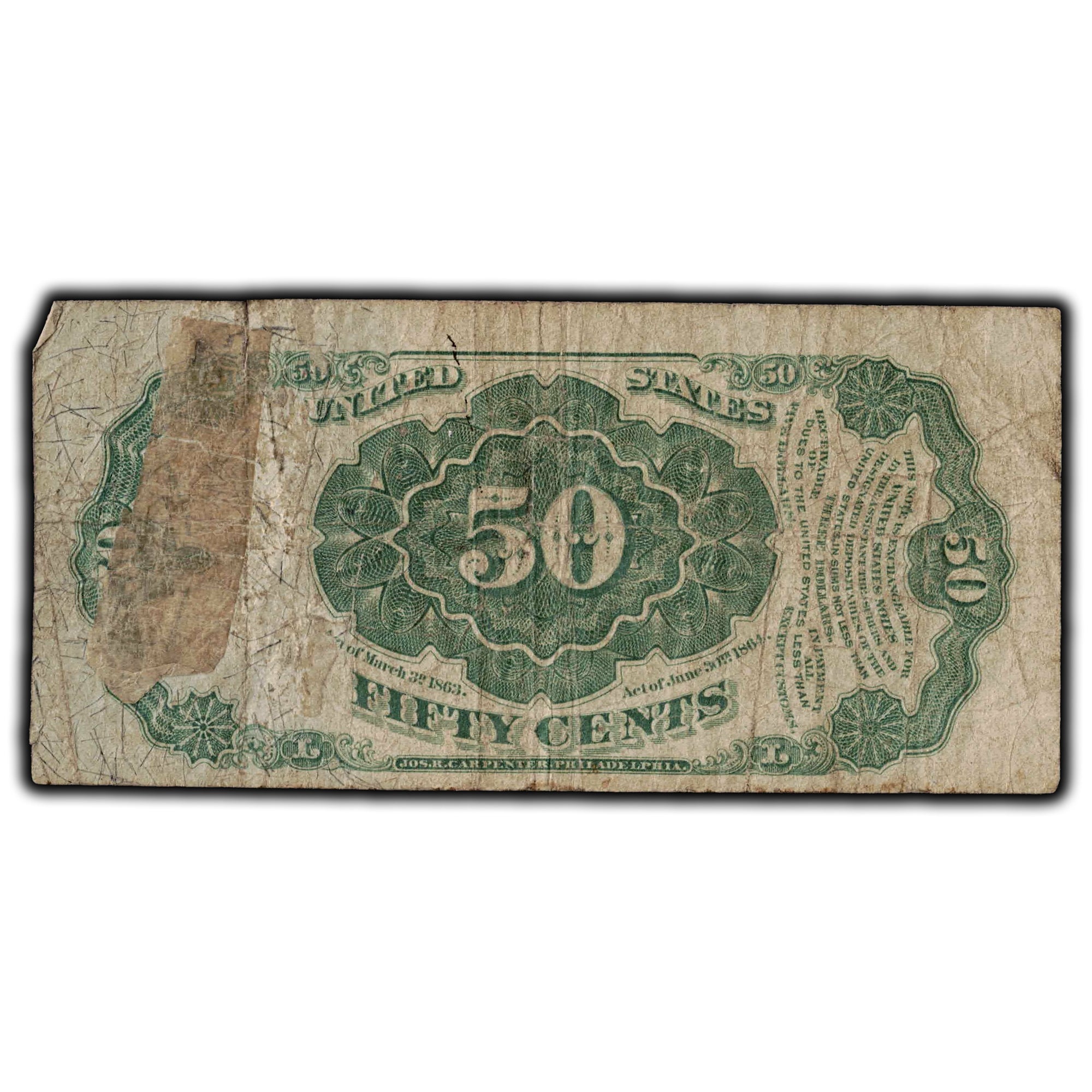 SOLD United States 1875 50 Cents Fractional Currency Note - Tape on Ba ...