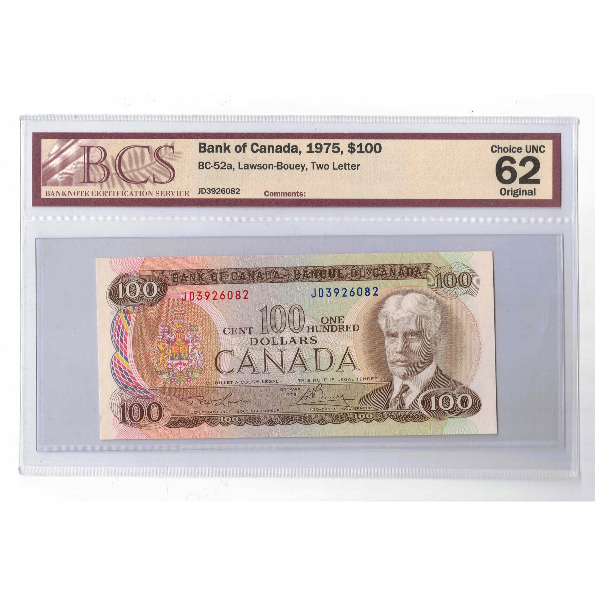 SOLD $100 1975 Bank of Canada Note Lawson-Bouey JD Prefix BC-52a - BCS ...