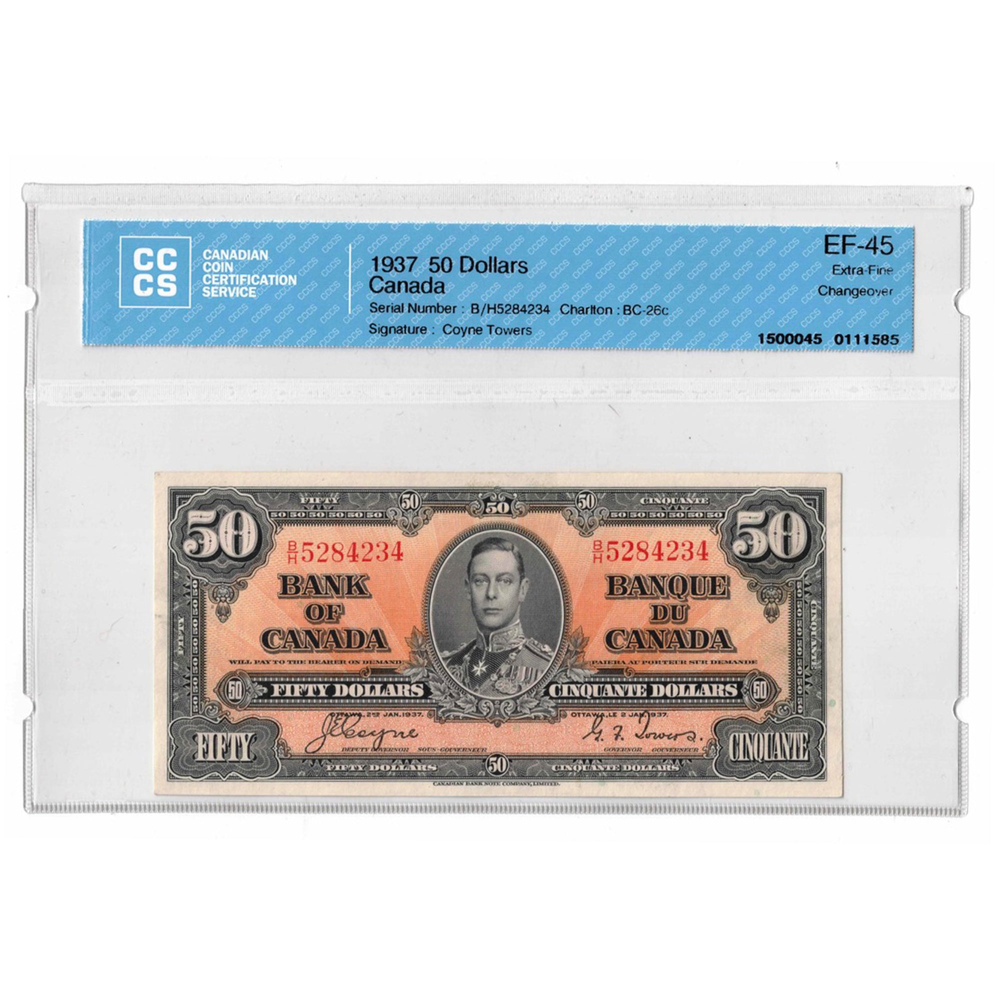 SOLD 1937 $50 Bank of Canada Note Coyne-Towers B/H Prefix BC-26c - CCC ...