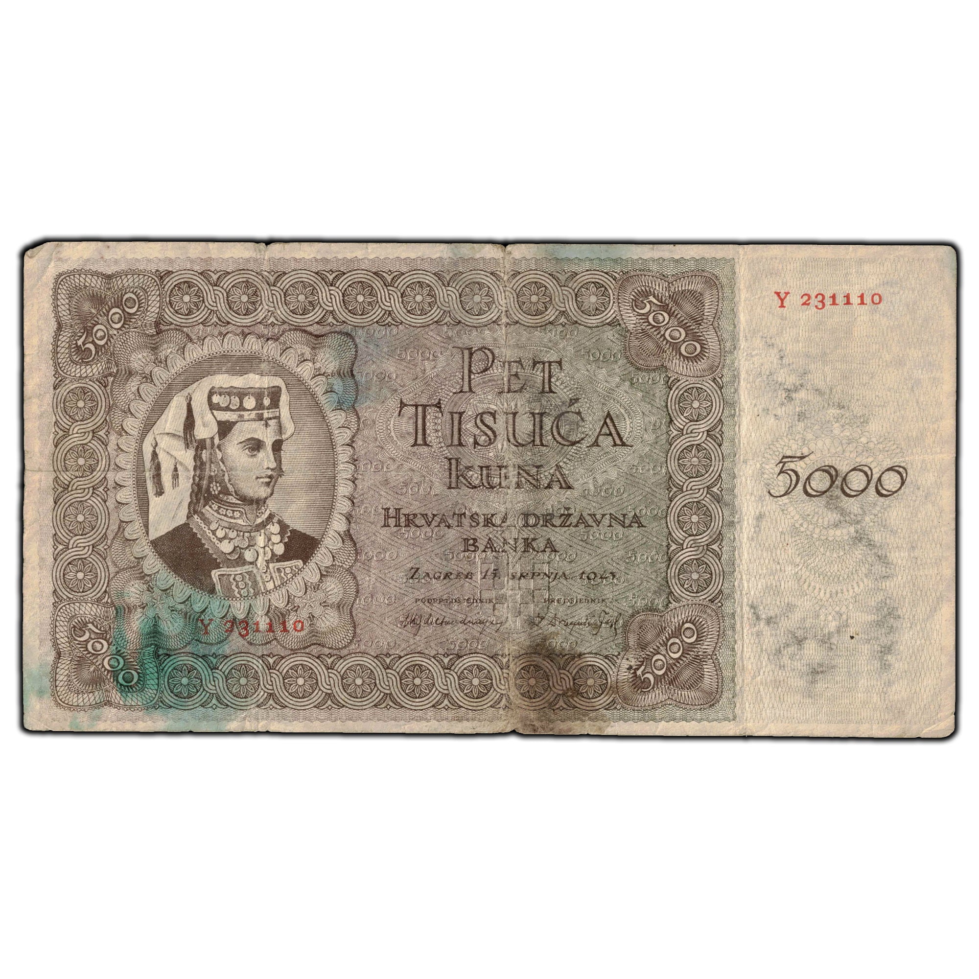 SOLD Croatia 1943 5000 Kuna KM #14a - Stained - The Toronto Coin Shop