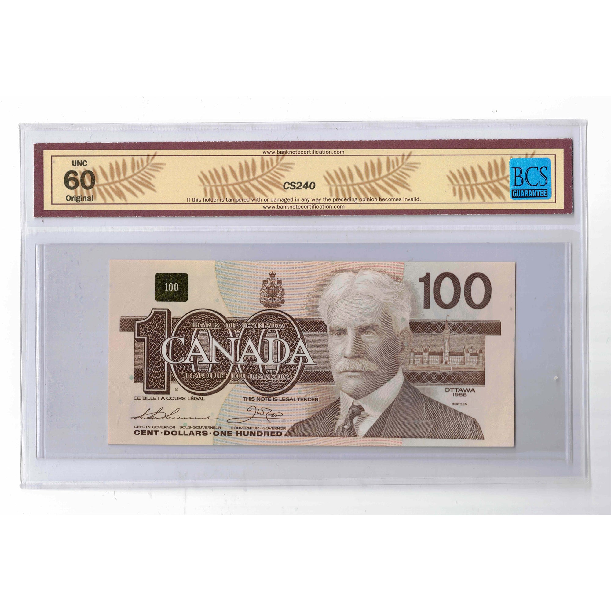 SOLD $100 1988 Bank of Canada Note AJY Prefix BC-60a - BCS UNC-60 - The ...