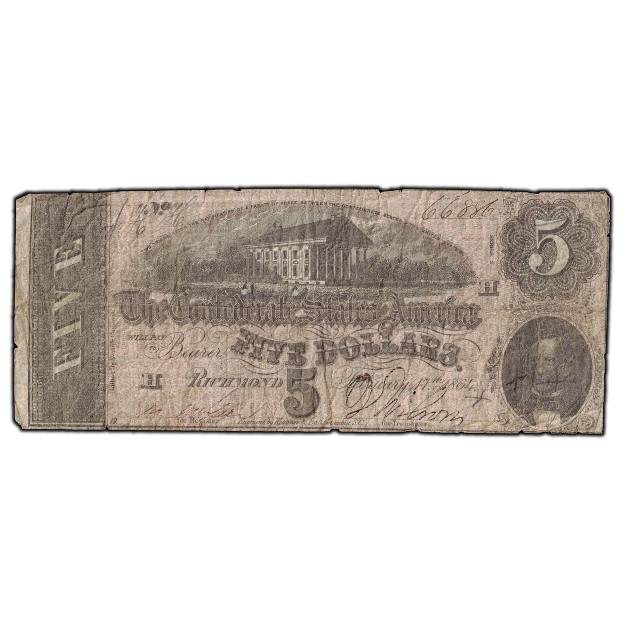 SOLD United States 1864 $5 Confederate States of America Note - The ...